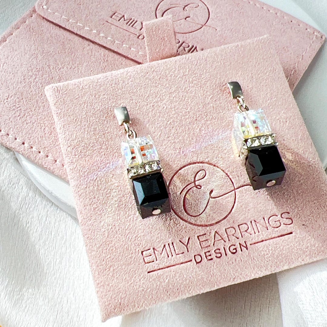 Modern Geometric Black and Crystal Clear Cube Stud Earrings, Elegant ...