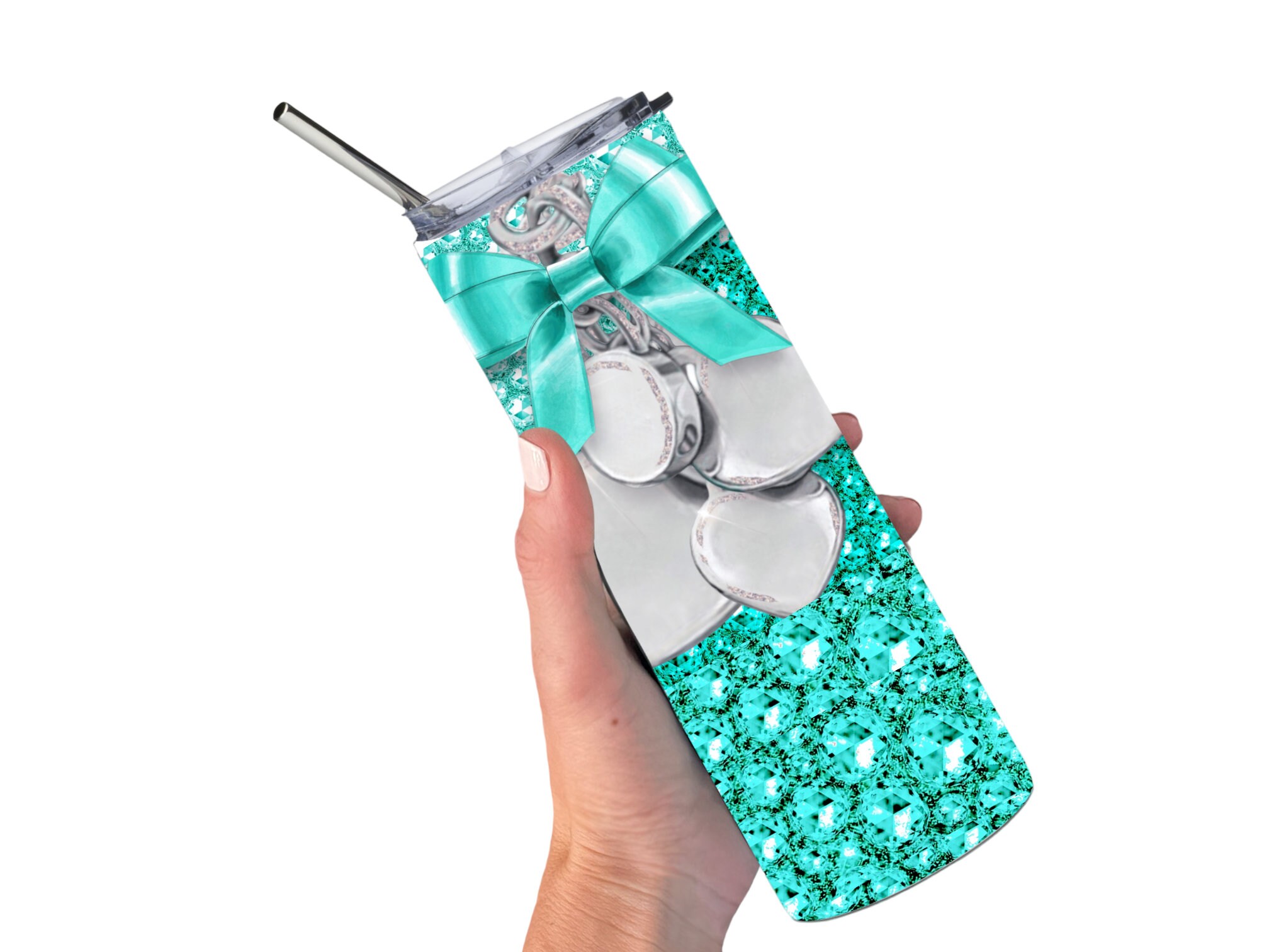 SVG AND PNG Tumbler Wrap Seamless in Turquoise Blue & Silver, Bow ...