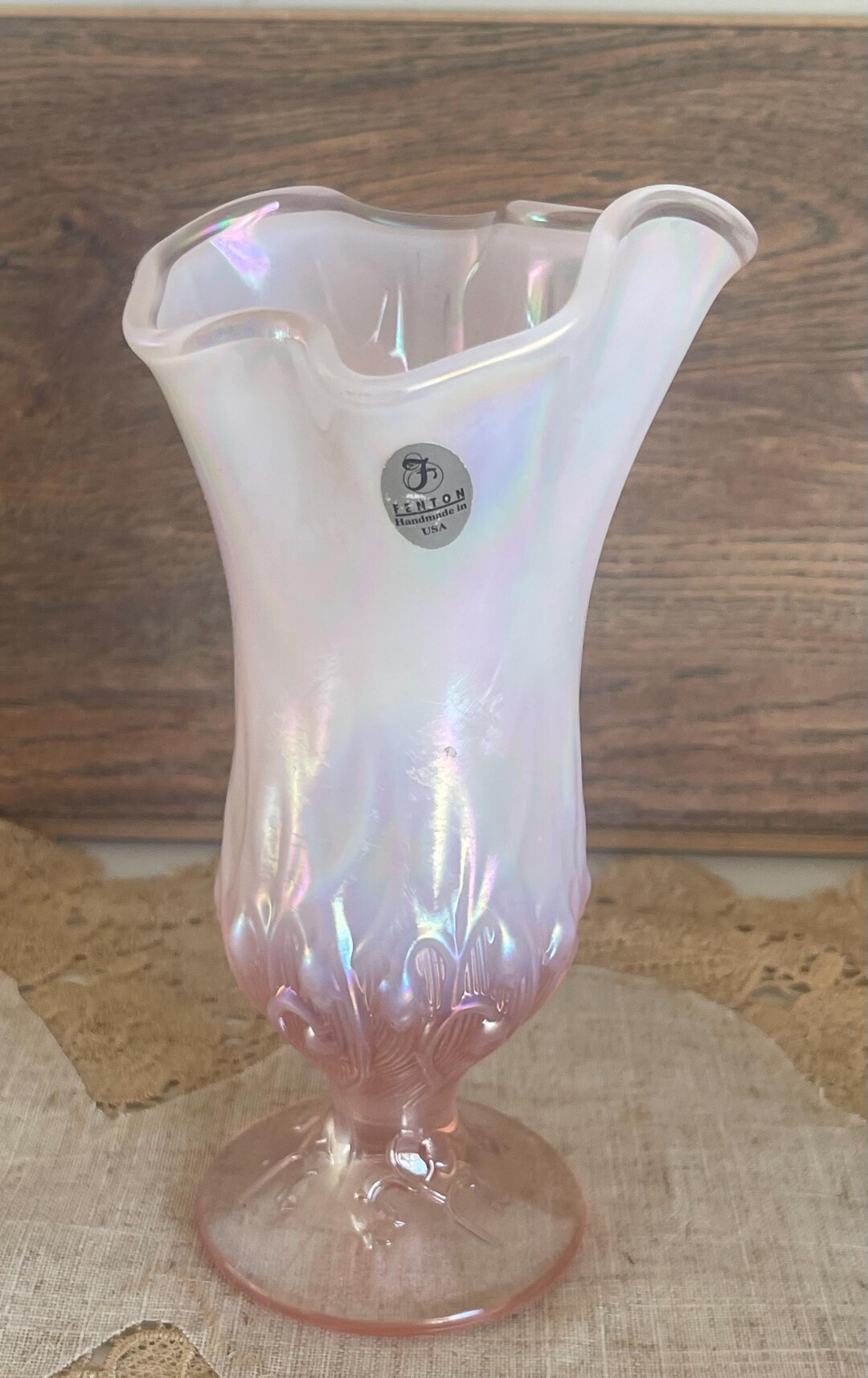 Fenton Pink Opalescent Lily of the Vally Iridescent Handkerchief Vase ...