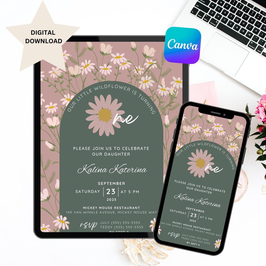 Wildflower Birthday Invitation - Edit in Canva - Digital Download - Etsy