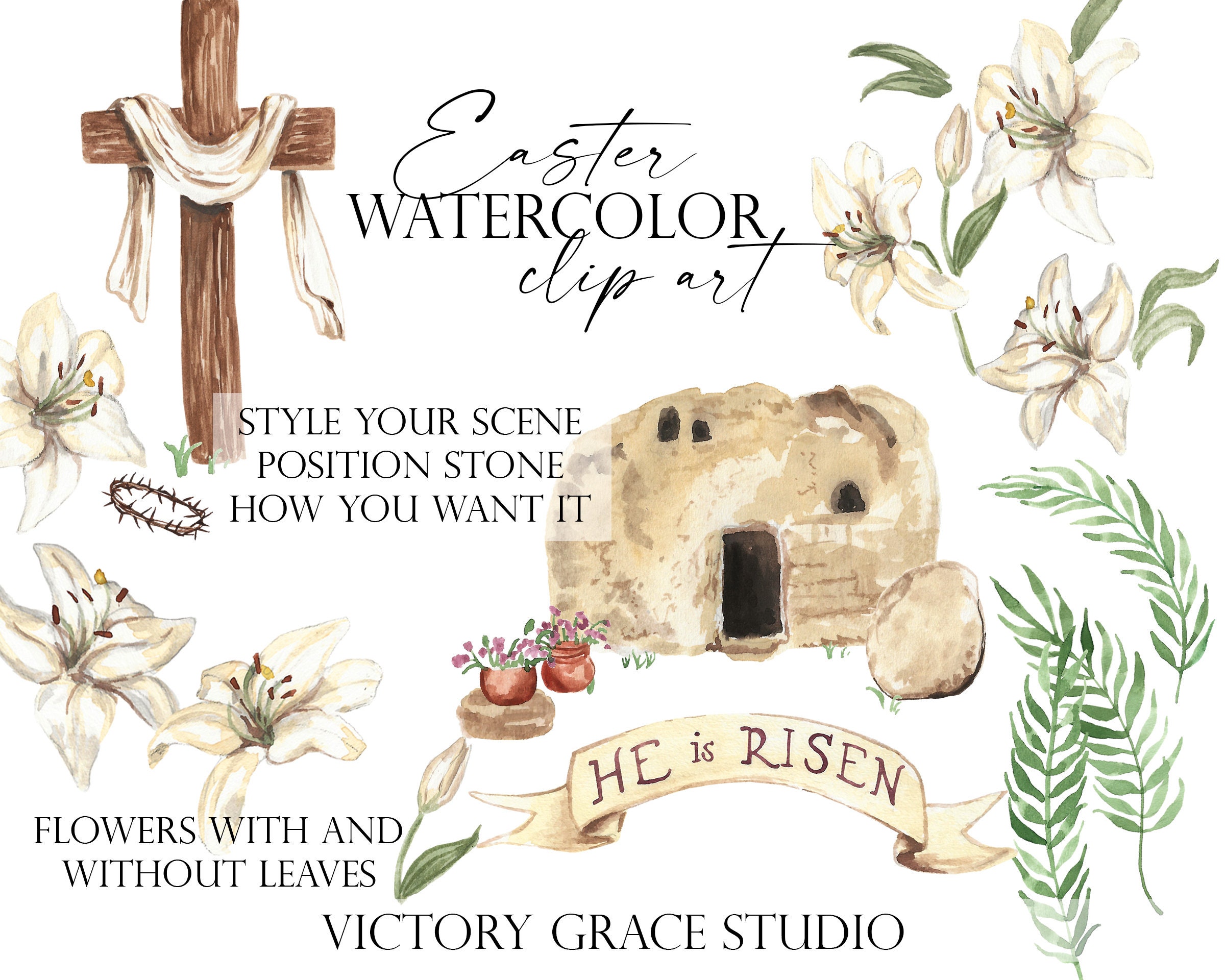 Easter Religious Watercolor Digital Clipart, Cross and Empty Tomb ...