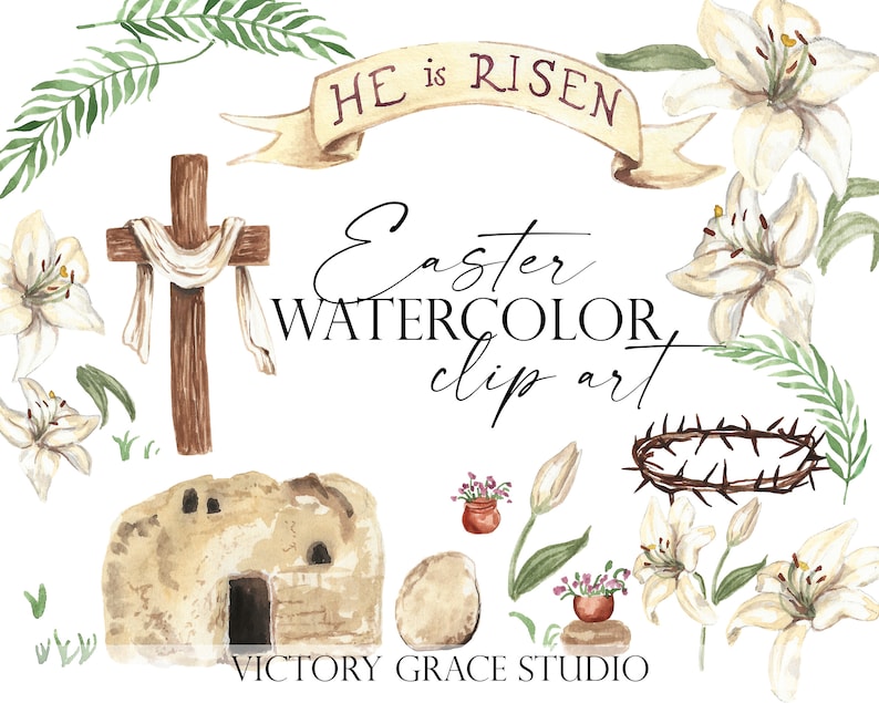 Easter Religious Watercolor Digital Clipart, Cross and Empty Tomb ...