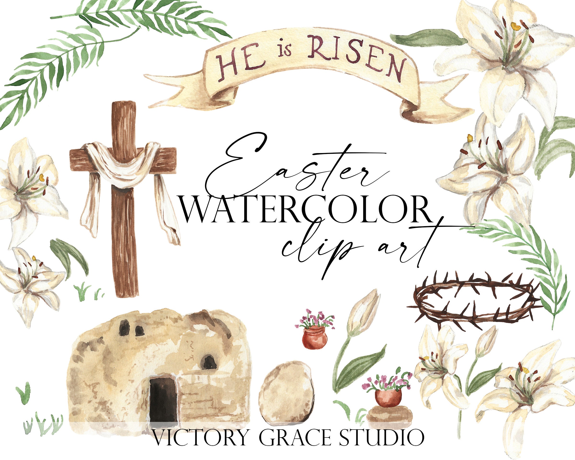 Easter Religious Watercolor Digital Clipart, Cross and Empty Tomb ...