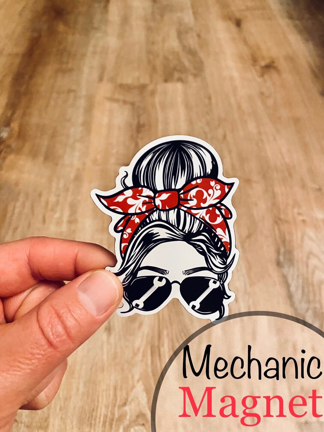 MAGNET Mechanic Girl for Toolbox or Fridge. About 3 X 3. Messy Bun With ...