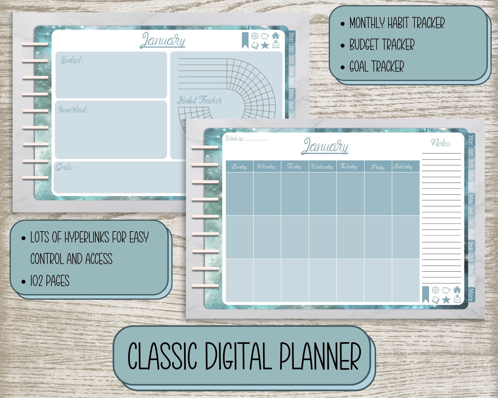 Classic Digital Planner, Un-numbered, Yearly Glance, Month at a Glance ...