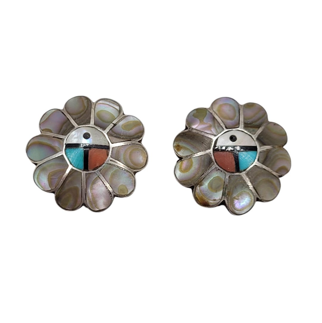 Zuni Design Multi Stone Inlay Sunface Flower Earrings - Etsy