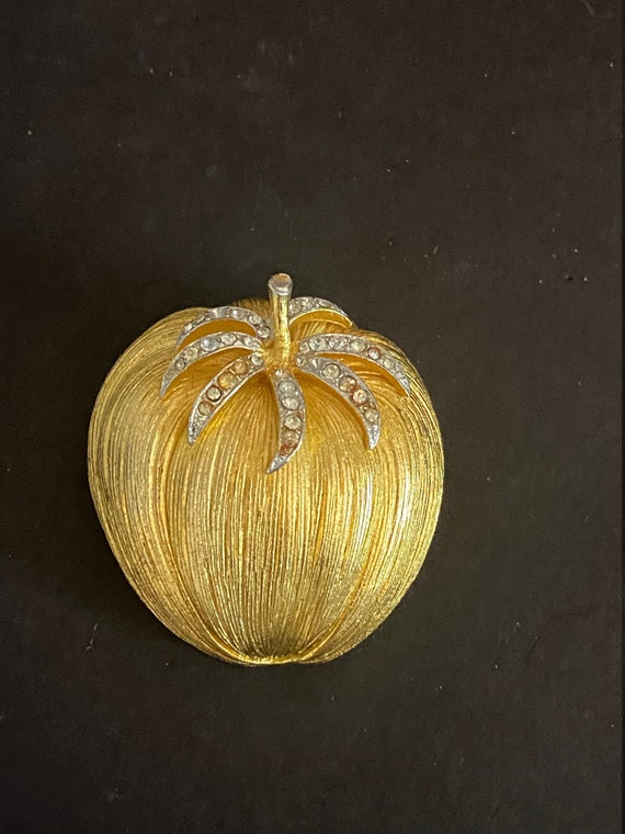 1960s Corocraft Gold Apple Brooch with Rhinestones - … - Gem
