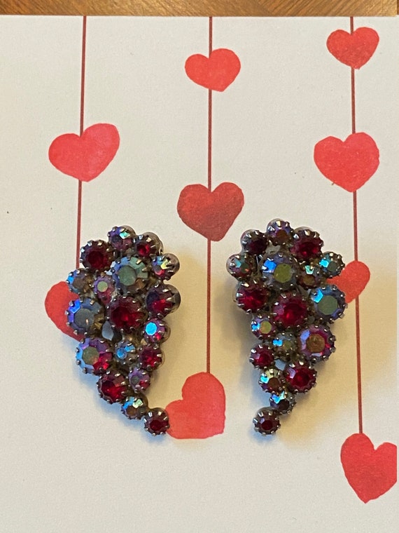Fabulous AB Red Rhinestone Earrings - Unsigned Weiss? - Gem