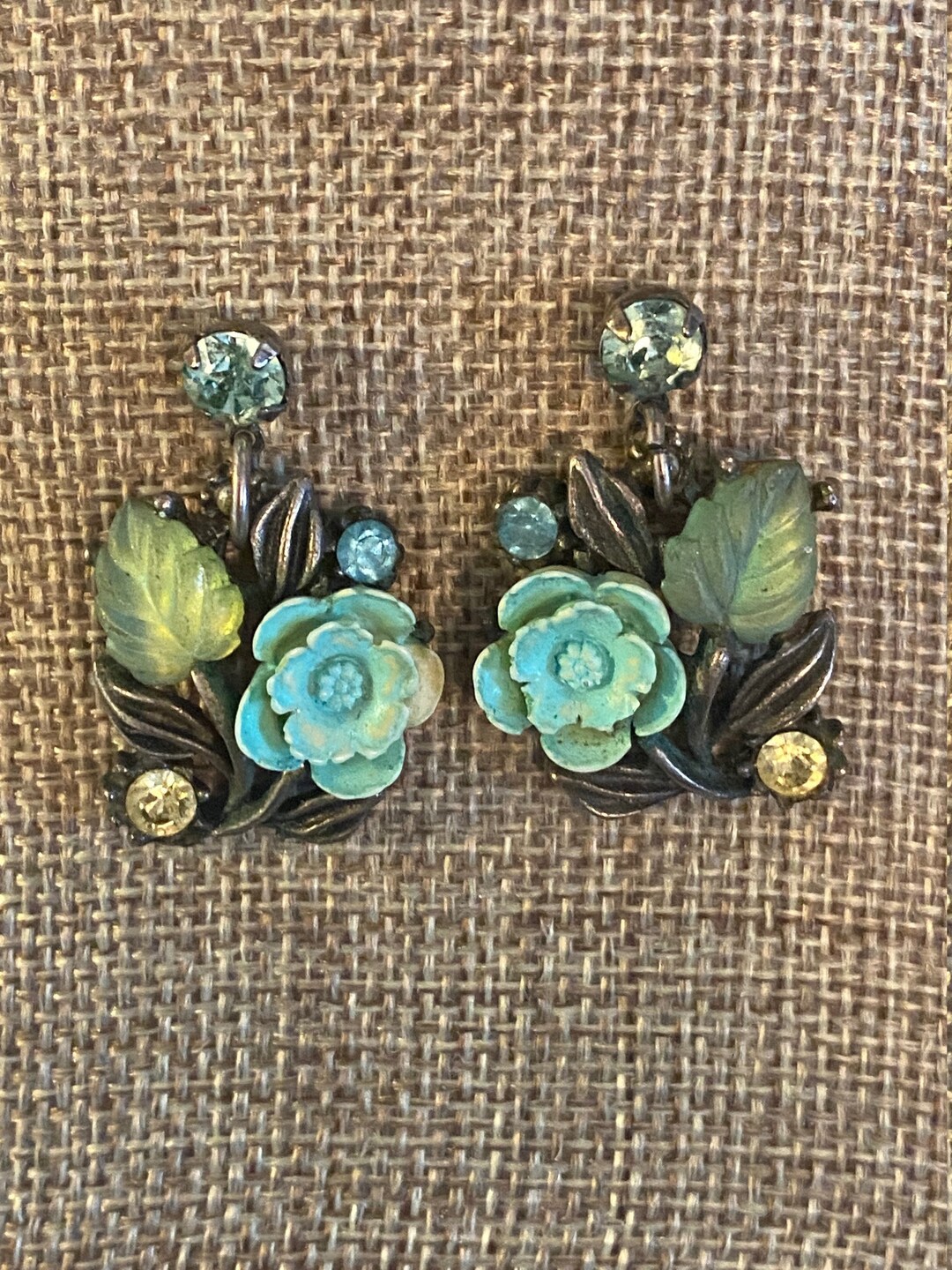 Vintage Mary Demarco La Contessa Green Floral and Crystal Earrings - Etsy