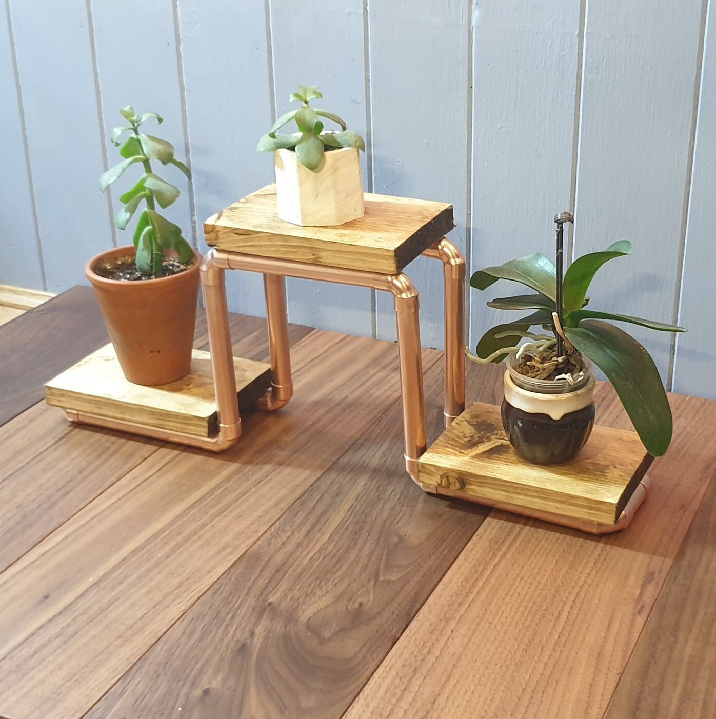 Handmade 3 Tier Copper Pipe Plant Stand With Wax Pine Wood // Small Pot ...
