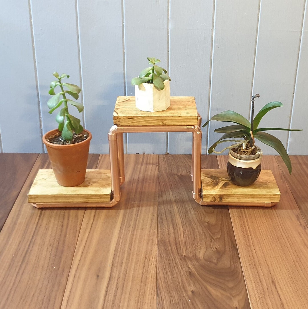 Handmade 3 Tier Copper Pipe Plant Stand With Wax Pine Wood // Small Pot ...