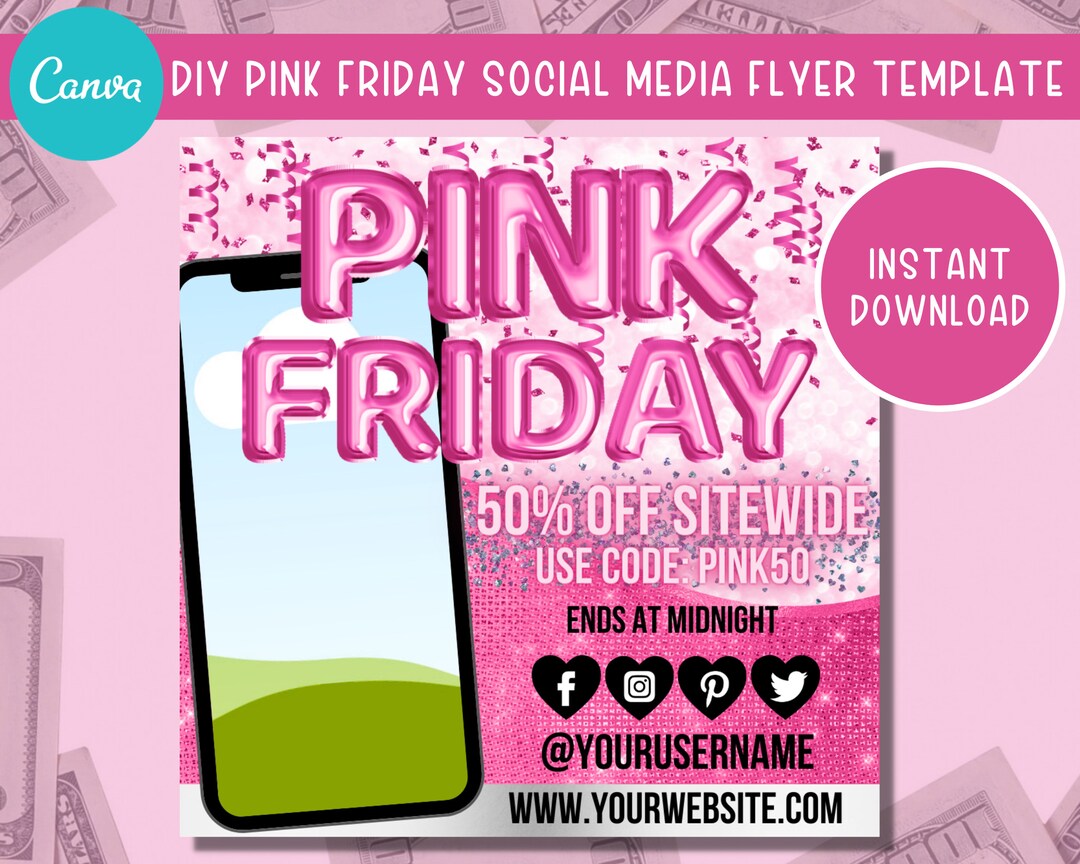 Editable DIY Pink Friday Social Media Flyer Canva Template L Black ...