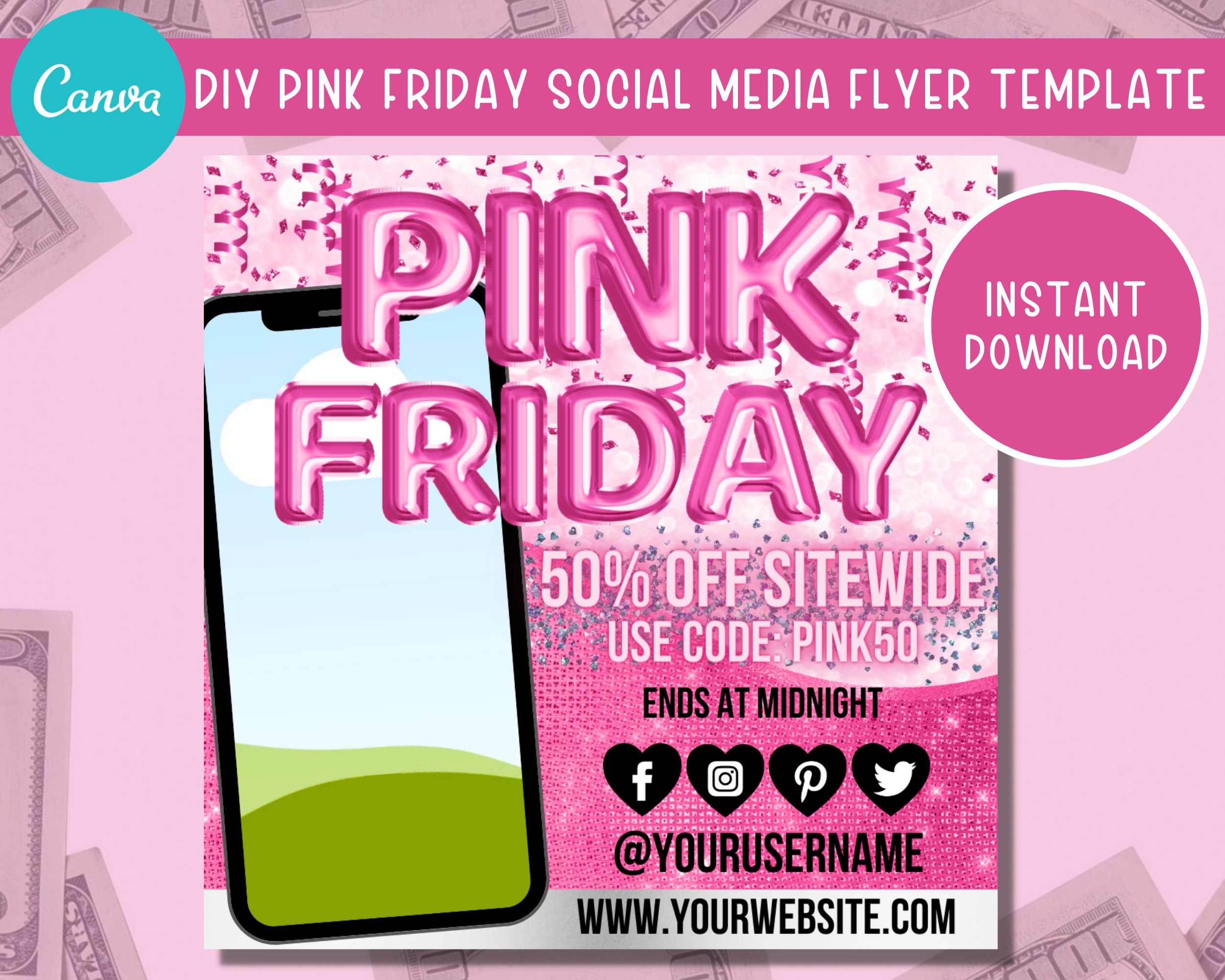Editable DIY Pink Friday Social Media Flyer Canva Template L Black ...