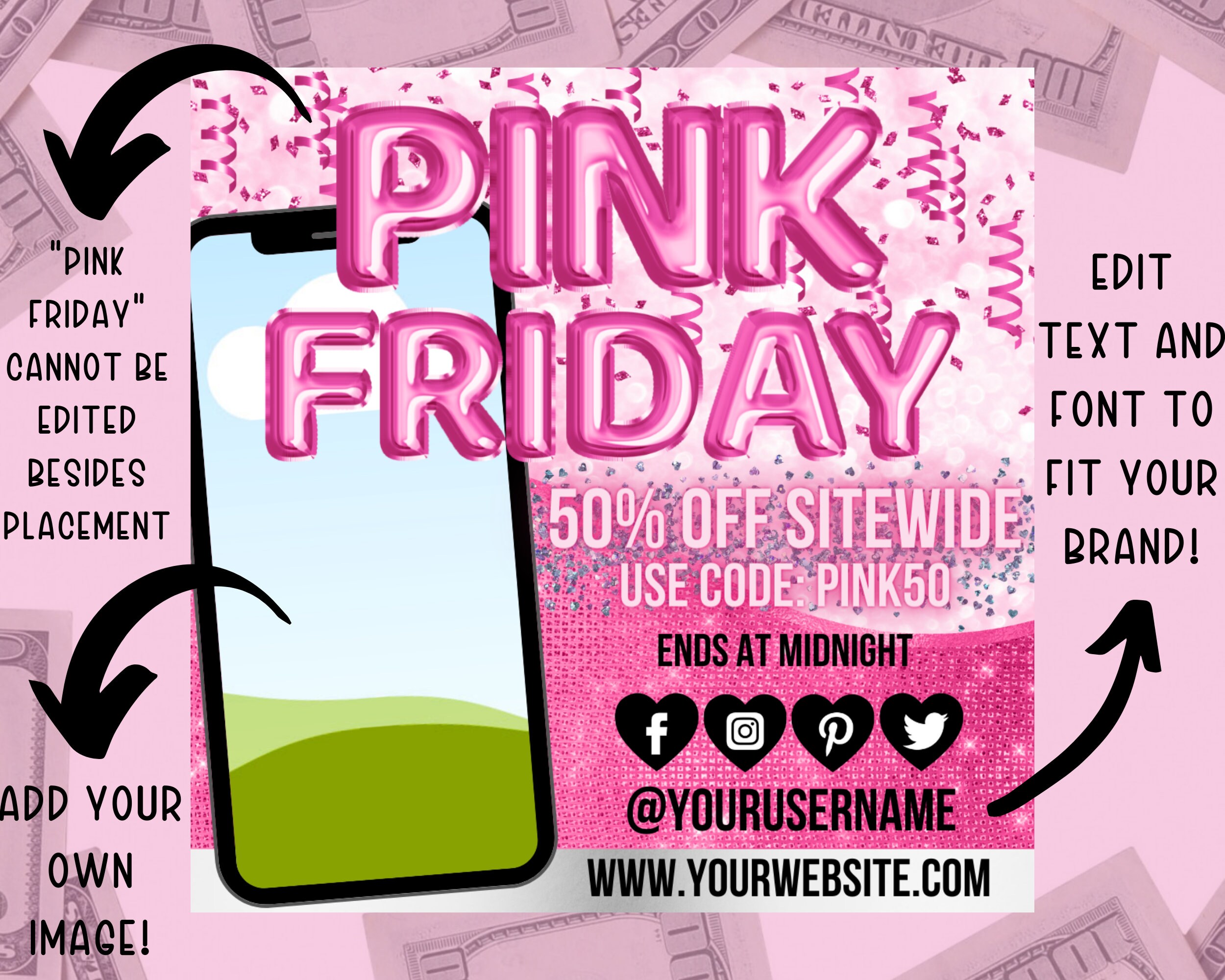 Editable DIY Pink Friday Social Media Flyer Canva Template L Black ...