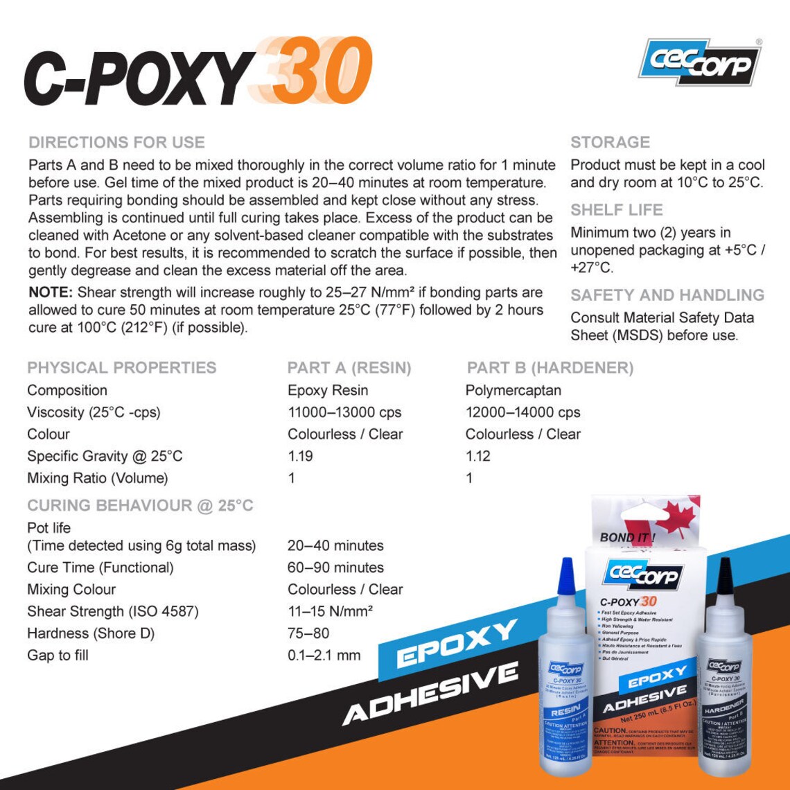 Epoxy Adhesive C-POXY 30 by CECCORP (8.5 Oz Combined) – 2 Part, 30 ...