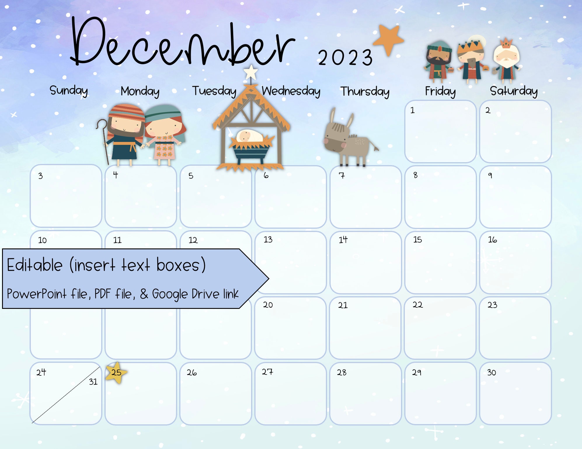 December 2023 Calendar (nativity) - Etsy