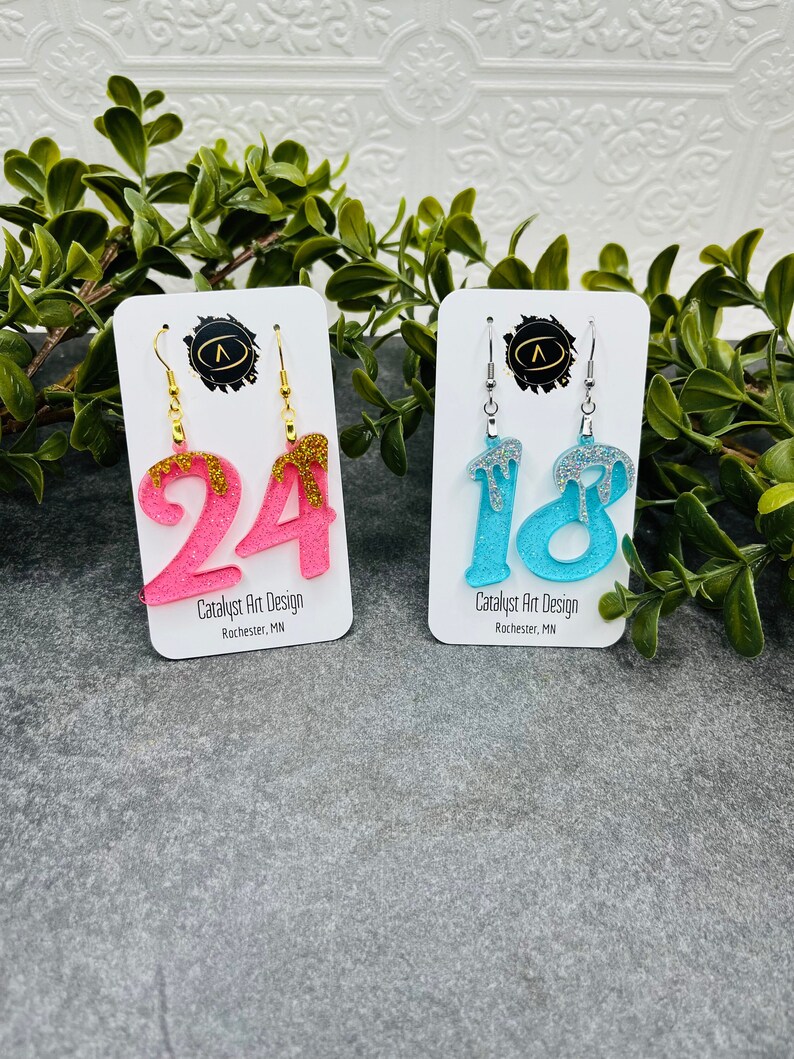 Custom Birthday Number Earrings, Acrylic Lightweight Glitter Party Gold ...