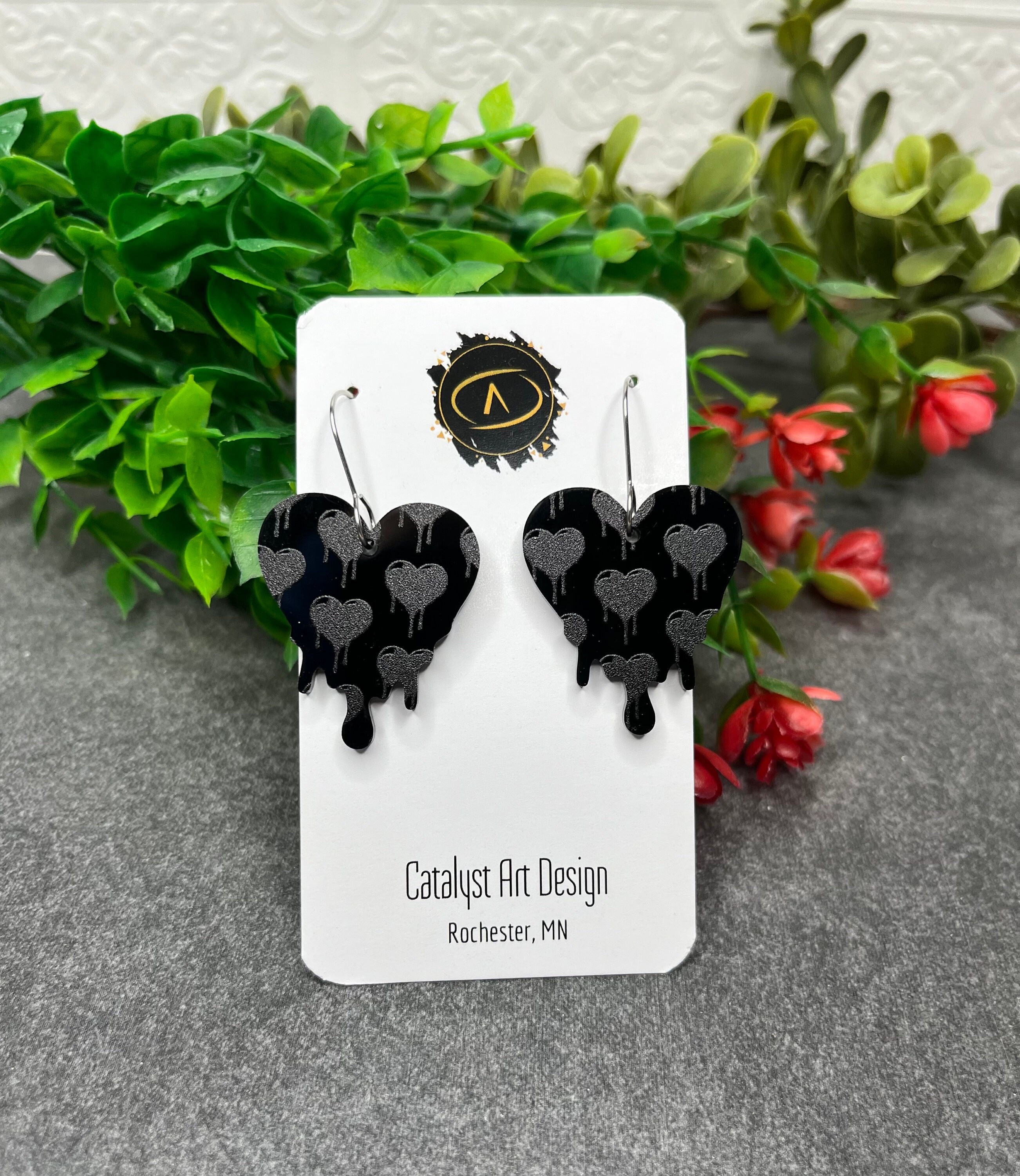 Dripping Black Heart Earrings, Stainless Steel Melting Heart Dangle ...