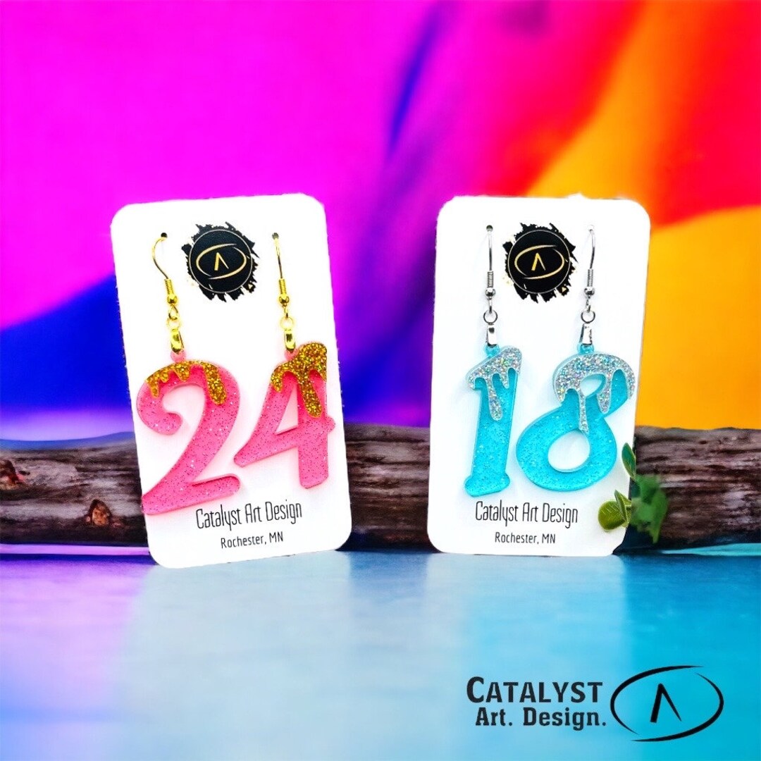 Custom Birthday Number Earrings, Acrylic Lightweight Glitter Party Gold ...