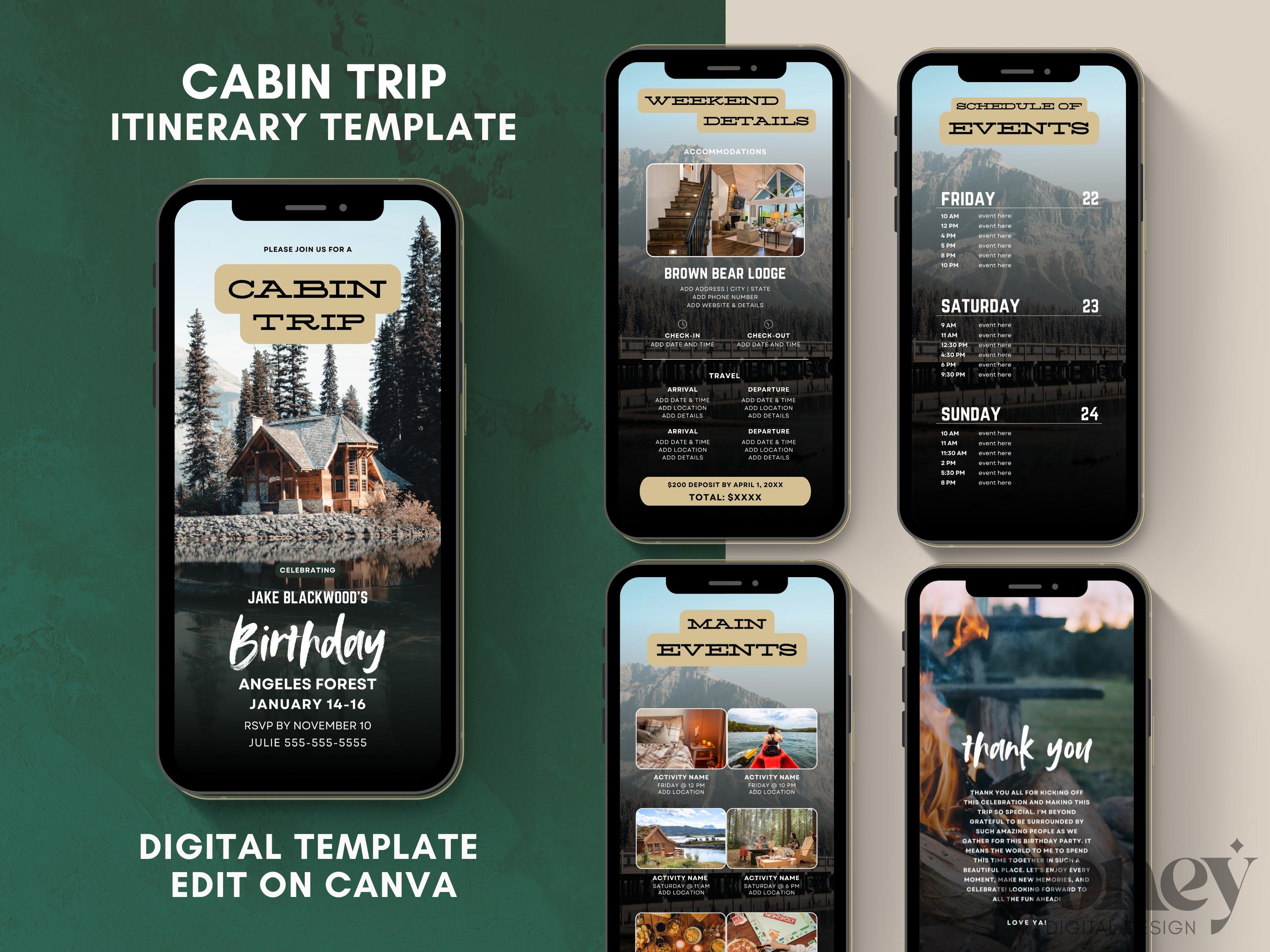 Cabin Trip Itinerary, Travel Itinerary Template, Weekend Getaway ...
