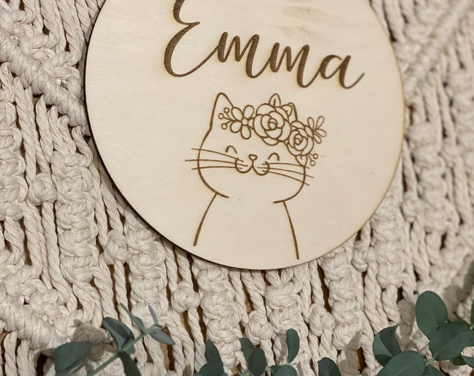 Name Tag Door Sign Children's Room Cat With Wreath of Flowers - Etsy