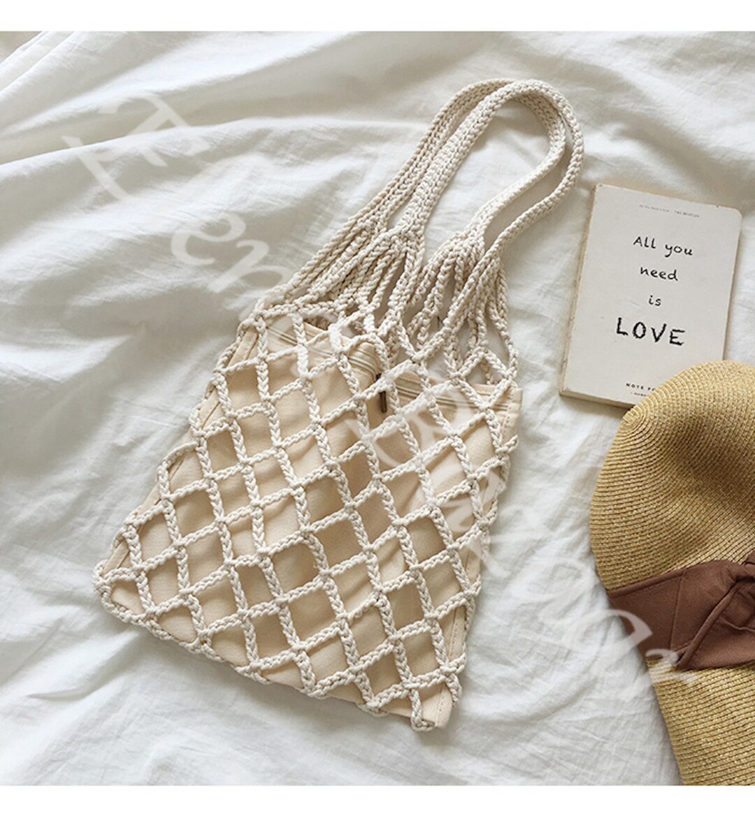 Crochet Cotton Knitted Top Handle Bag With Fishnet Design, Hand Woven ...