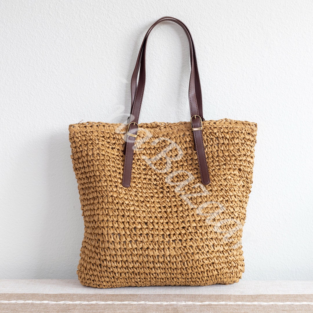 Women's Straw Weave Tote Bag With Leather Strap, Hand Woven Beach Bag ...