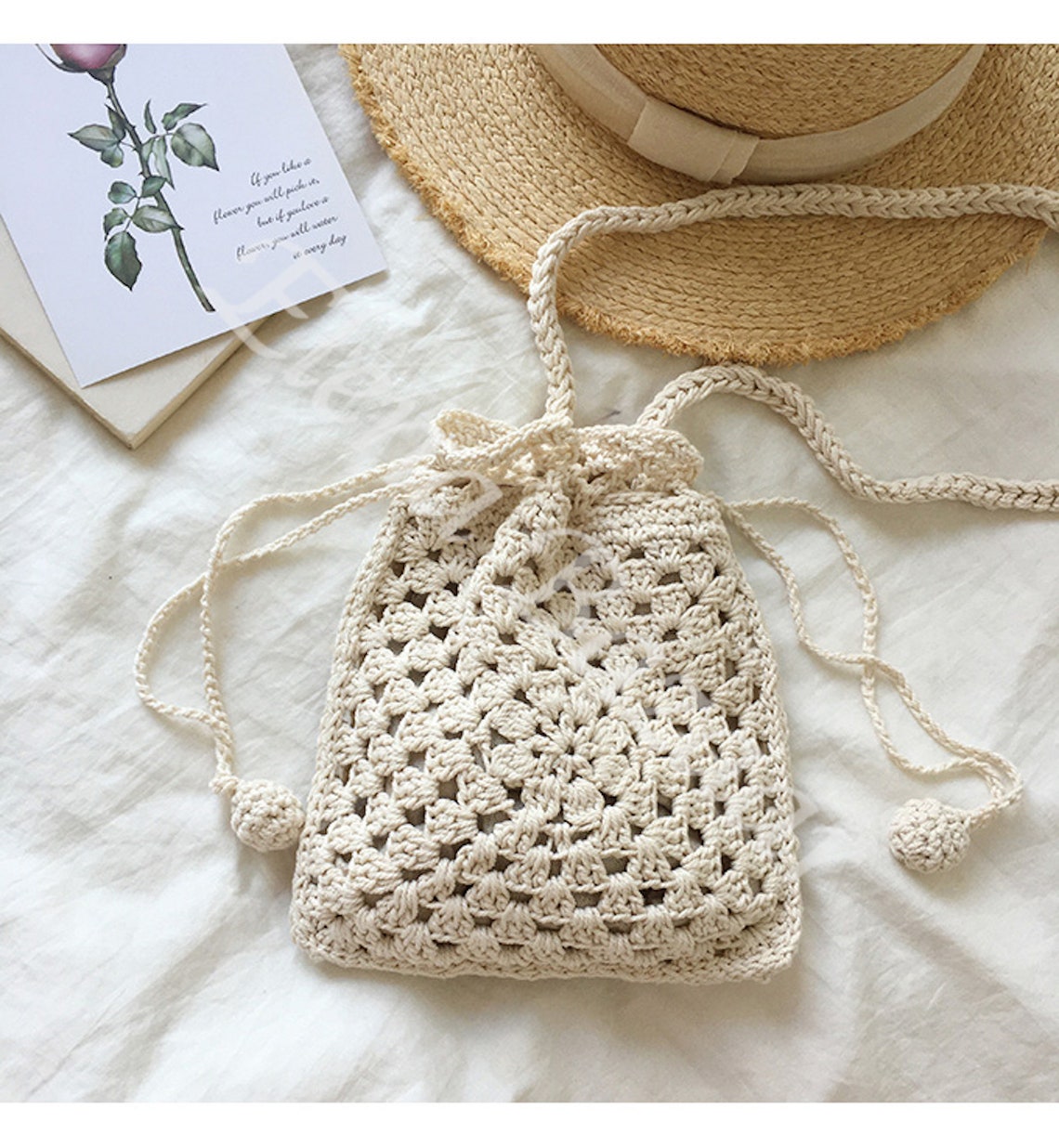 Retro Cotton Knitted Shoulder Bucket Bag With Tassel Hand - Etsy