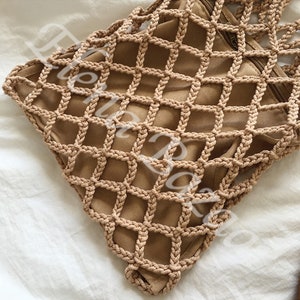 Crochet Cotton Knitted Top Handle Bag With Fishnet Design, Hand Woven ...