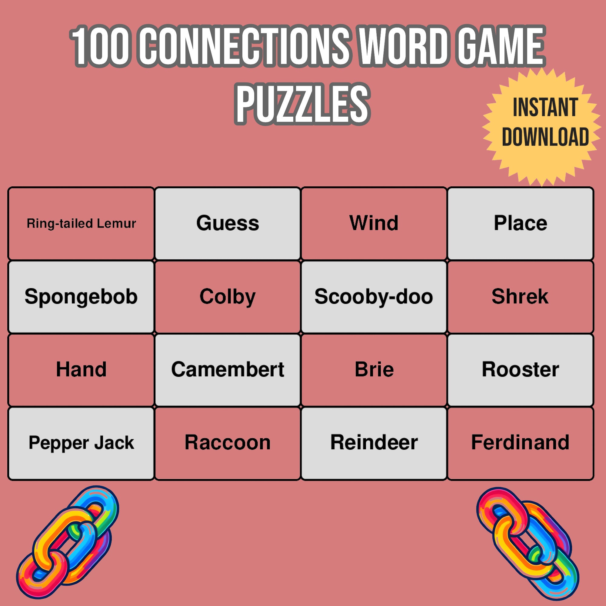 100 Connections Word Game Puzzles, Printable Word Puzzles, PDF Word Puzzle Games - Etsy
