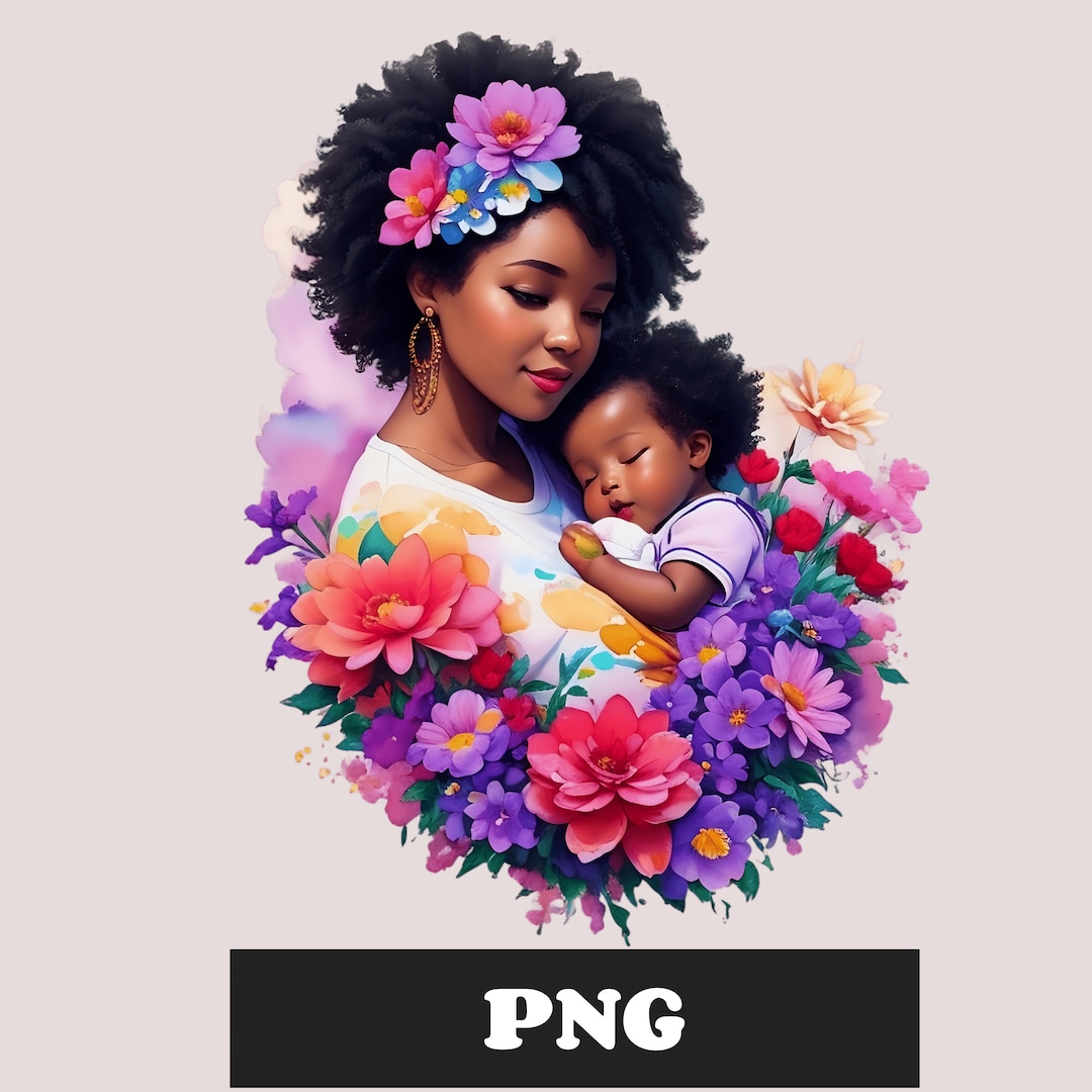 Afro Mother and Child Floral Clipart: Black Mom & Baby PNG (digital ...