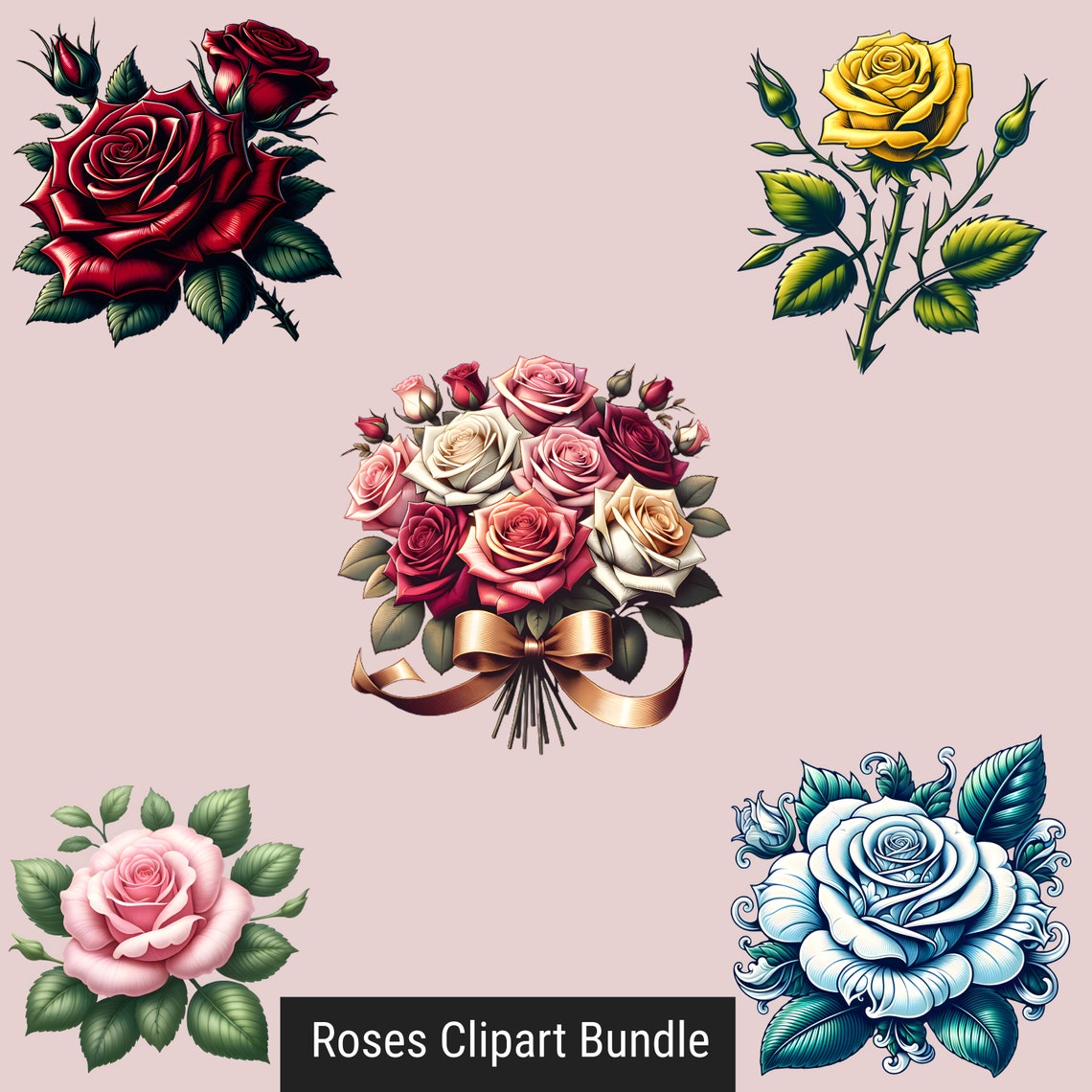 Roses Clipart Bundle, Floral Clipart, Roses PNG, Floral PNG, Flowers ...