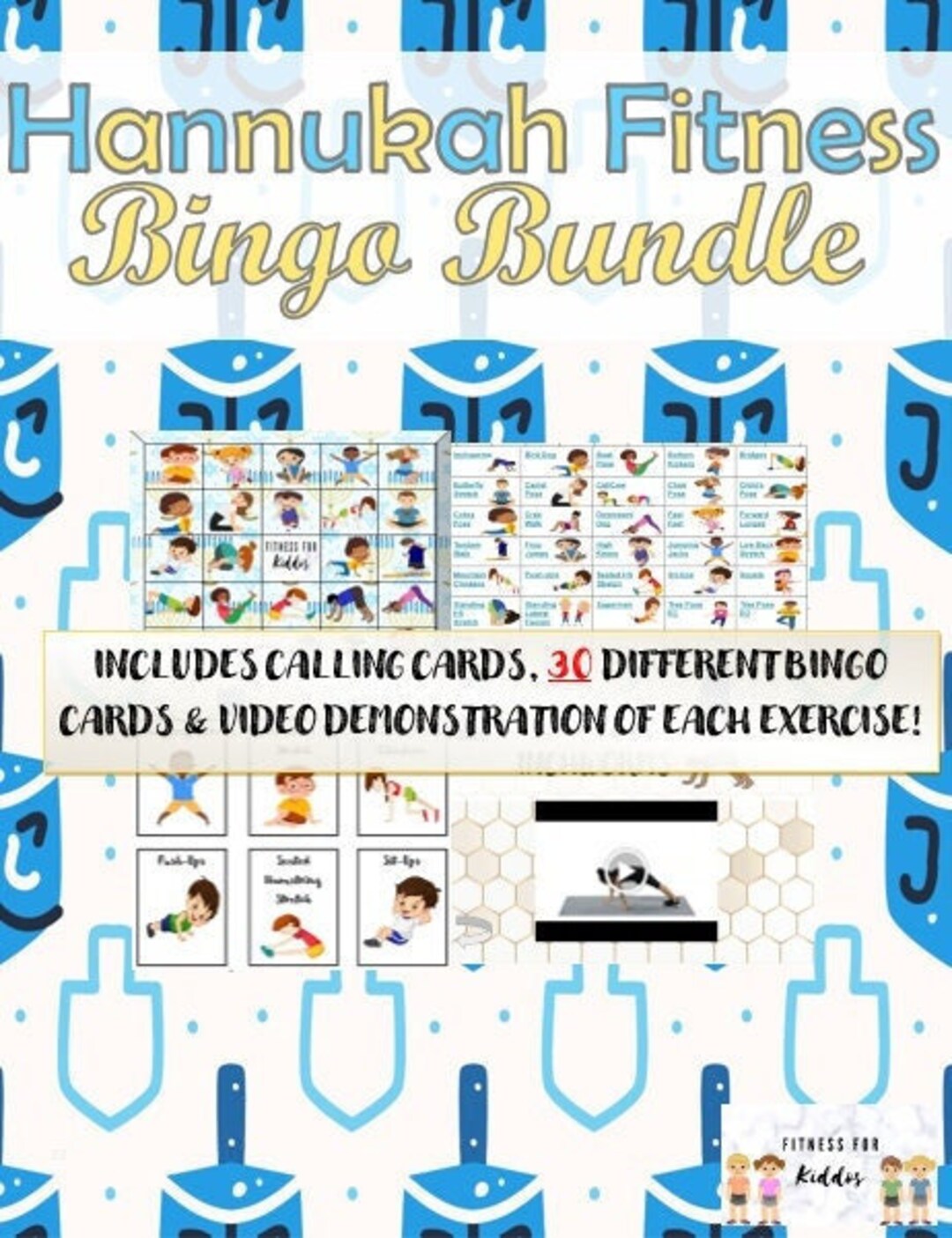 Hanukkah Fitness Bingo 30 CARDS L Kids Bingo L Brain Breaks for Kids L ...