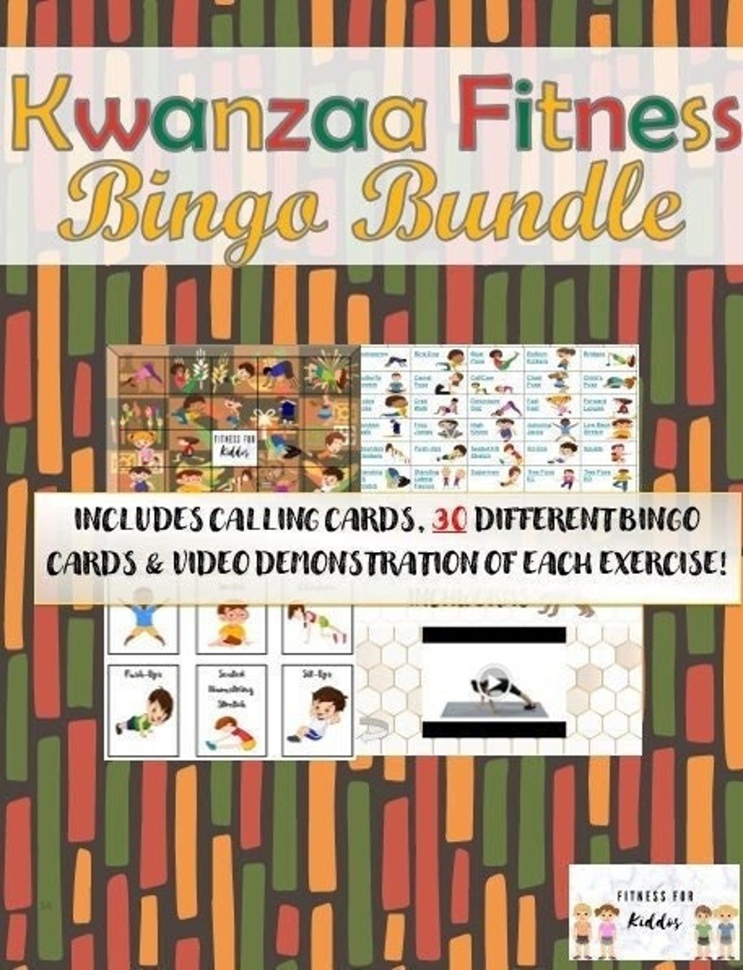 Kwanzaa Fitness Bingo 30 CARDS L Kids Bingo L Brain Breaks for Kids L ...