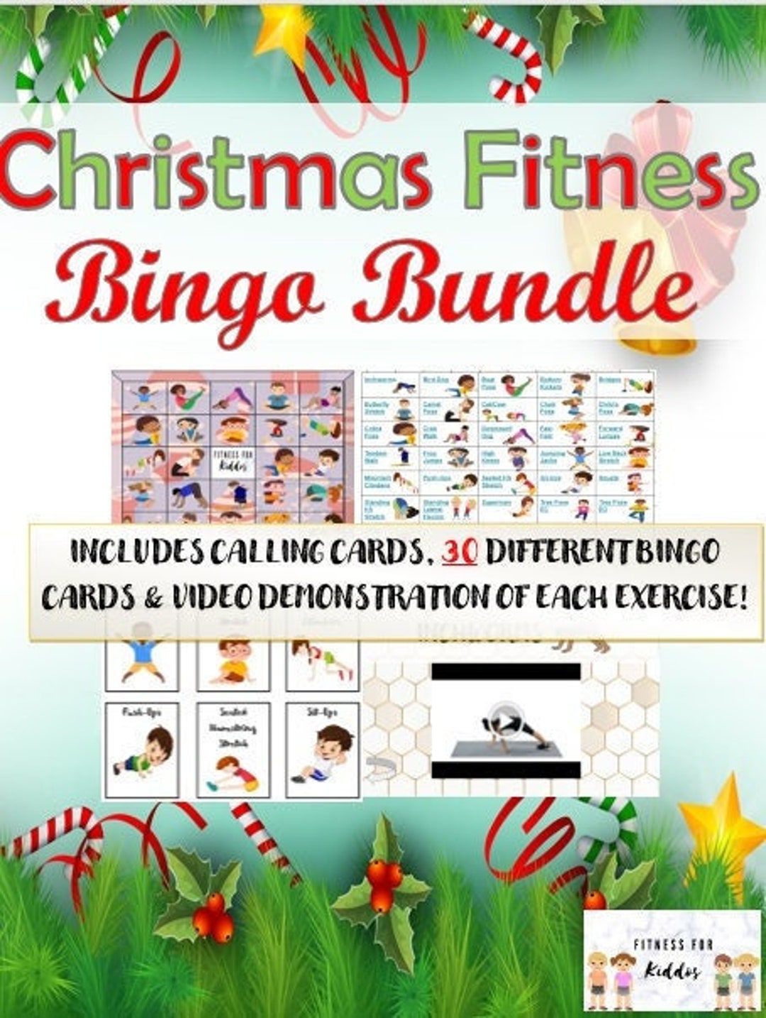 Christmas Fitness Bingo 30 CARDS L Kids Bingo L Brain Breaks for Kids L ...