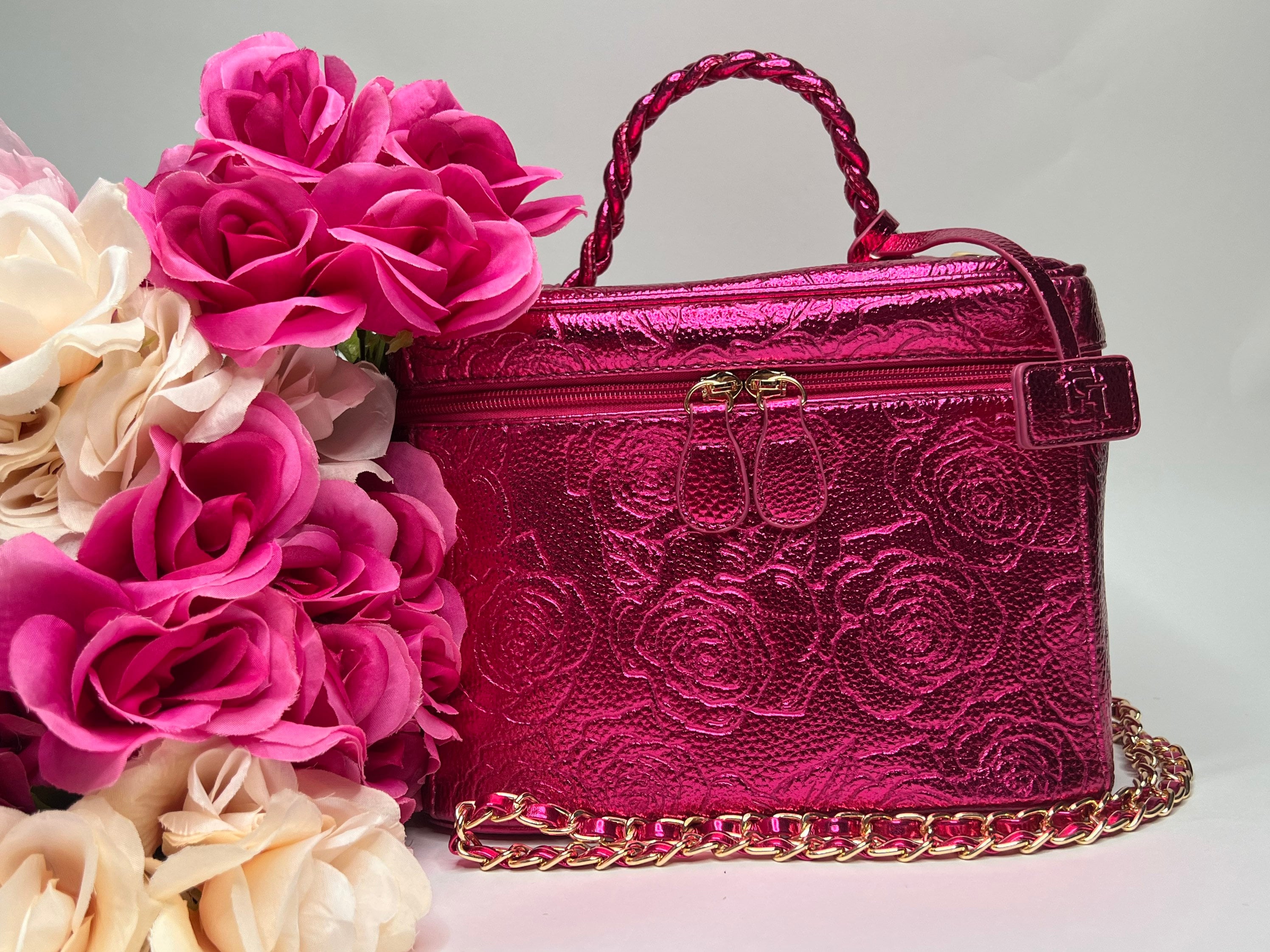 Metallic Leather Magenta Pink Rose Embossed Vanity Case Travel Makeup ...