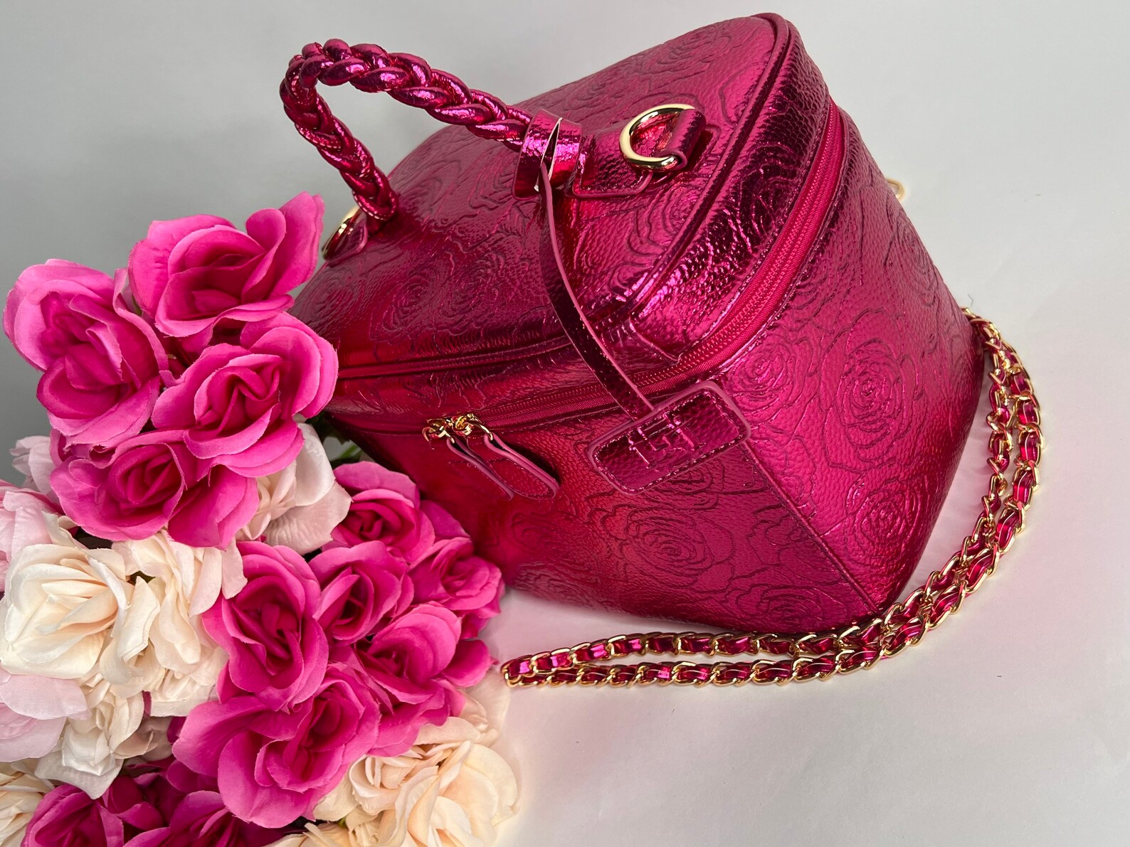 Metallic Leather Magenta Pink Rose Embossed Vanity Case Travel Makeup ...