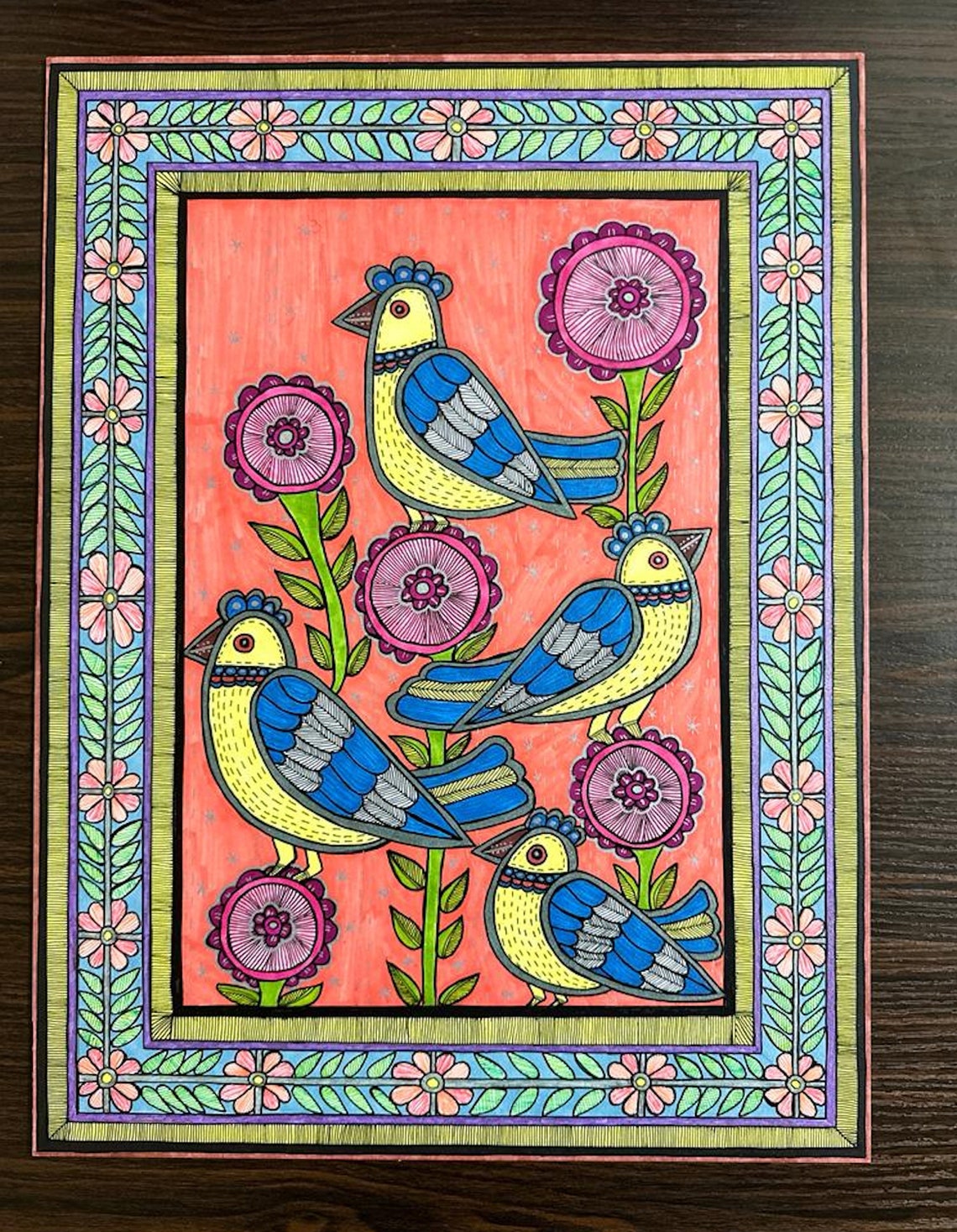Beautiful Birds (16x12 Inches) || Traditional Indian Madhubani Folk Art ...