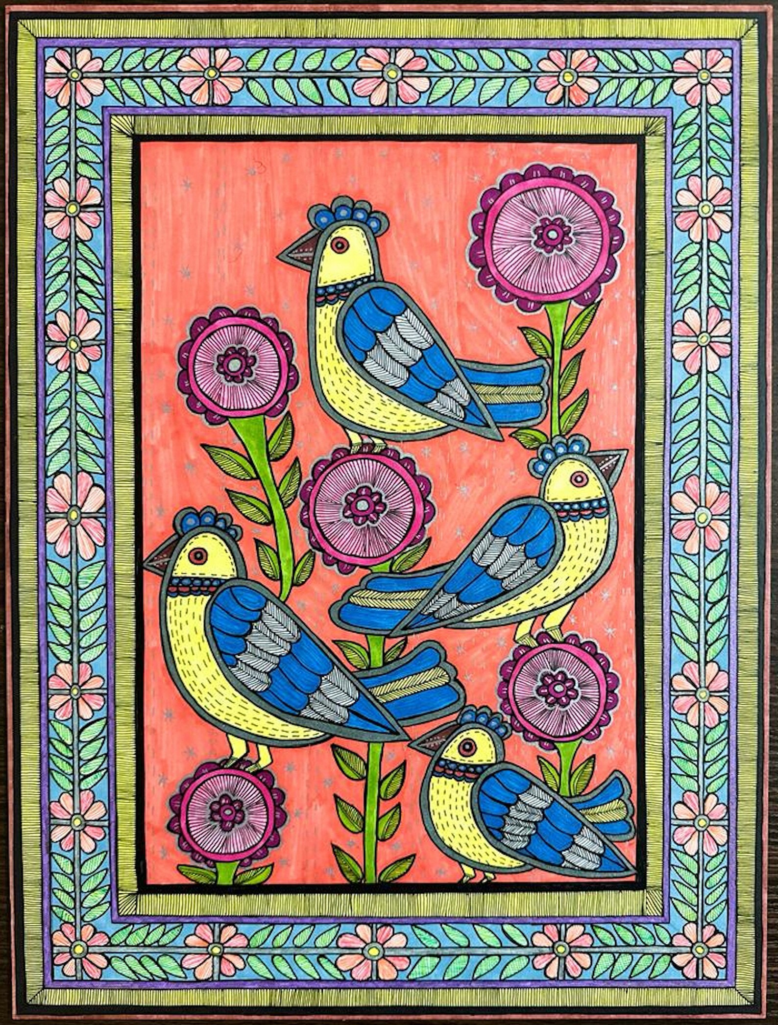Beautiful Birds (16x12 Inches) || Traditional Indian Madhubani Folk Art ...