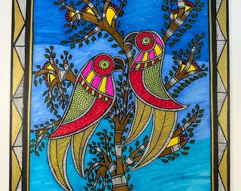 Beautiful Birds (16x12 Inches) || Traditional Indian Madhubani Folk Art ...
