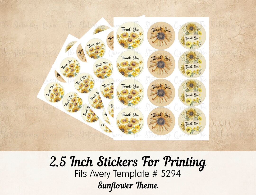 Printable Sunflower Thank You Stickers, 2.5 Inch Round, Fits Avery 5294 ...