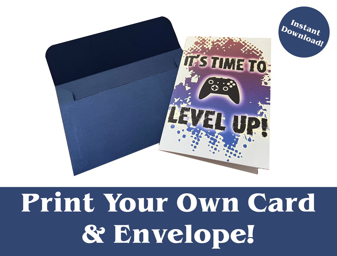 Printable Gamer Birthday Card "level Up", Envelope Template Included ...