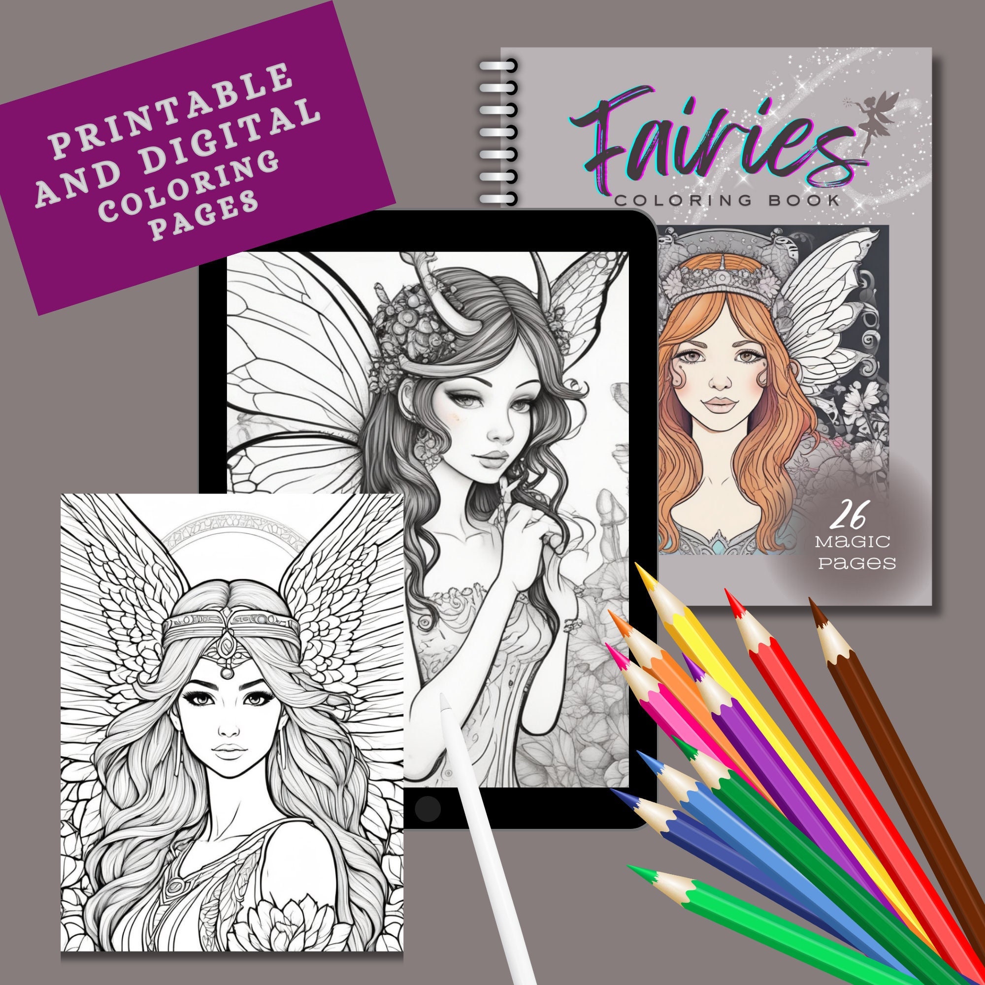 26 Enchanted Fairy Coloring Pages, Adult and Kids Coloring Book ...