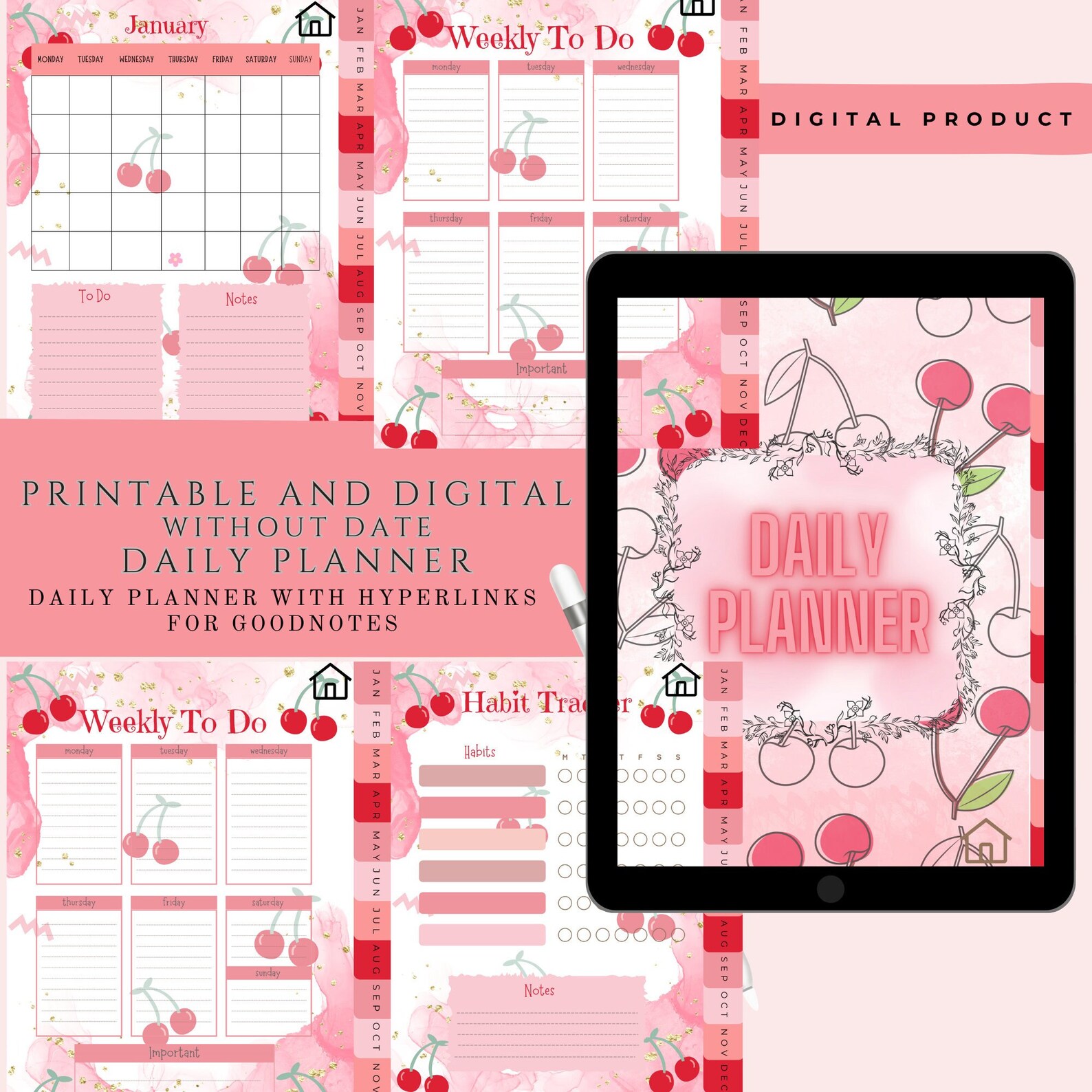 Cherry Printable Planner, Digital Planner, Goodnotes Planner, Monthly ...