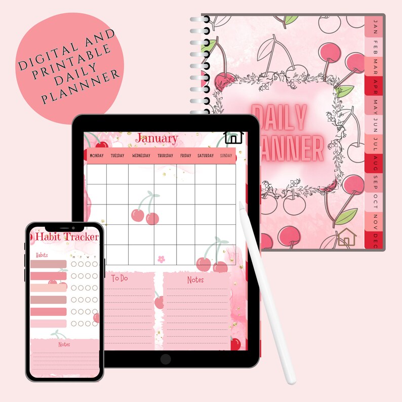 Cherry Printable Planner, Digital Planner, Goodnotes Planner, Monthly ...