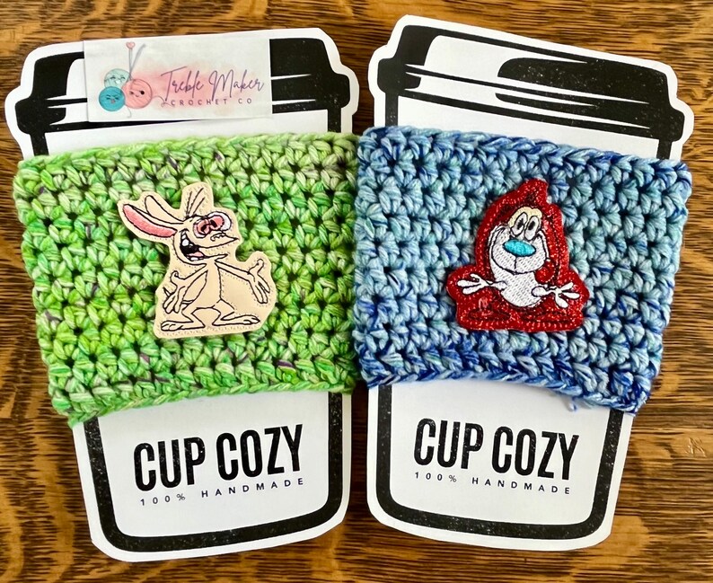Ren and Stimpy Show Inspired Cartoon Crochet Coffee Cozy, Reusable ...