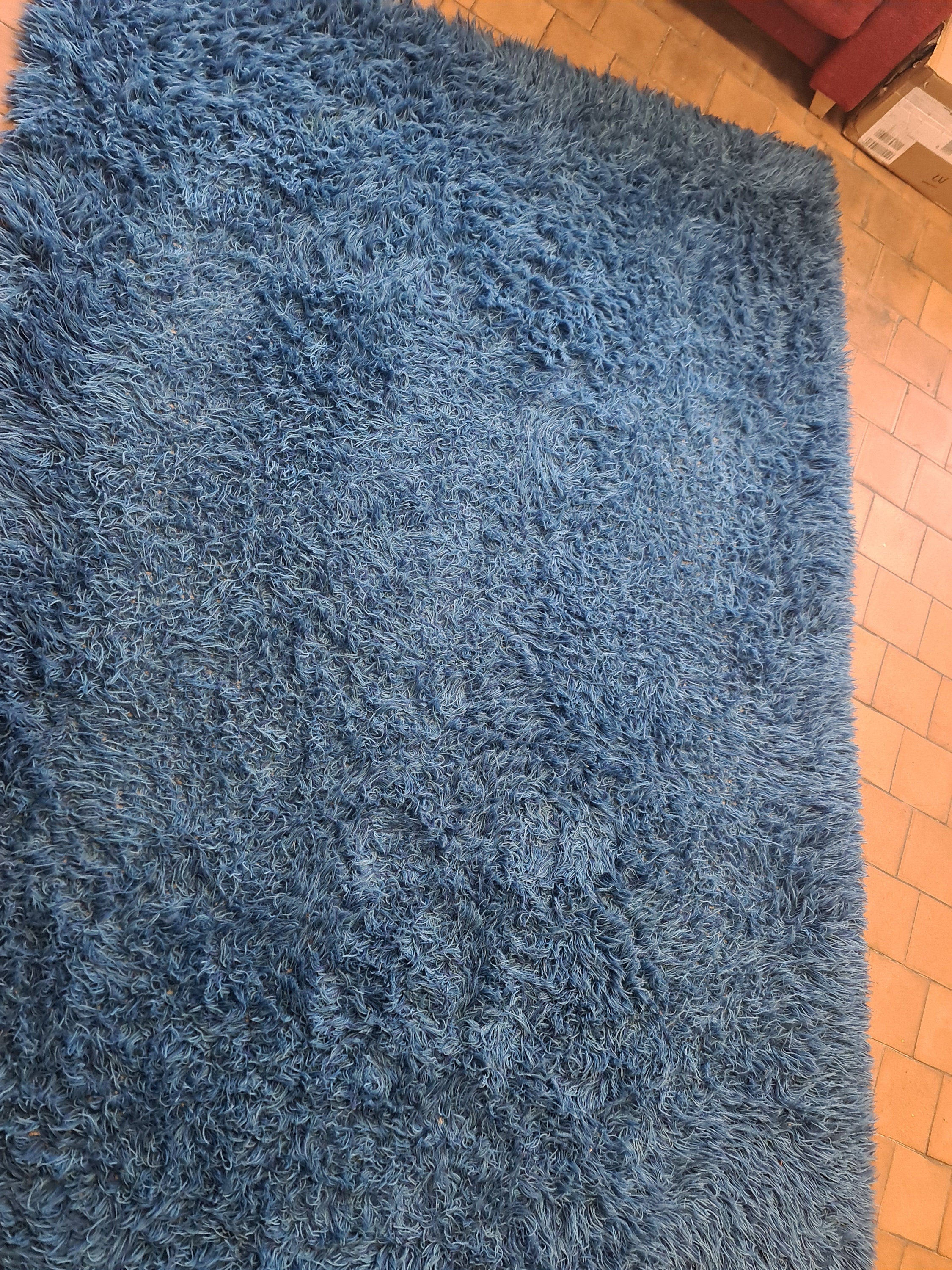 Blue Scandinavian Soft High Pile Rug, Minimalist Vintage Wool Rya Rug ...