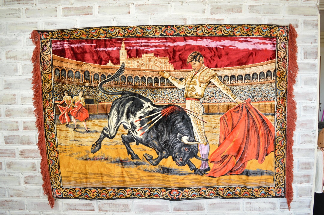 Vintage 1950s Spanish Matador Bullfighting Scene Tapestry Wall Art ...