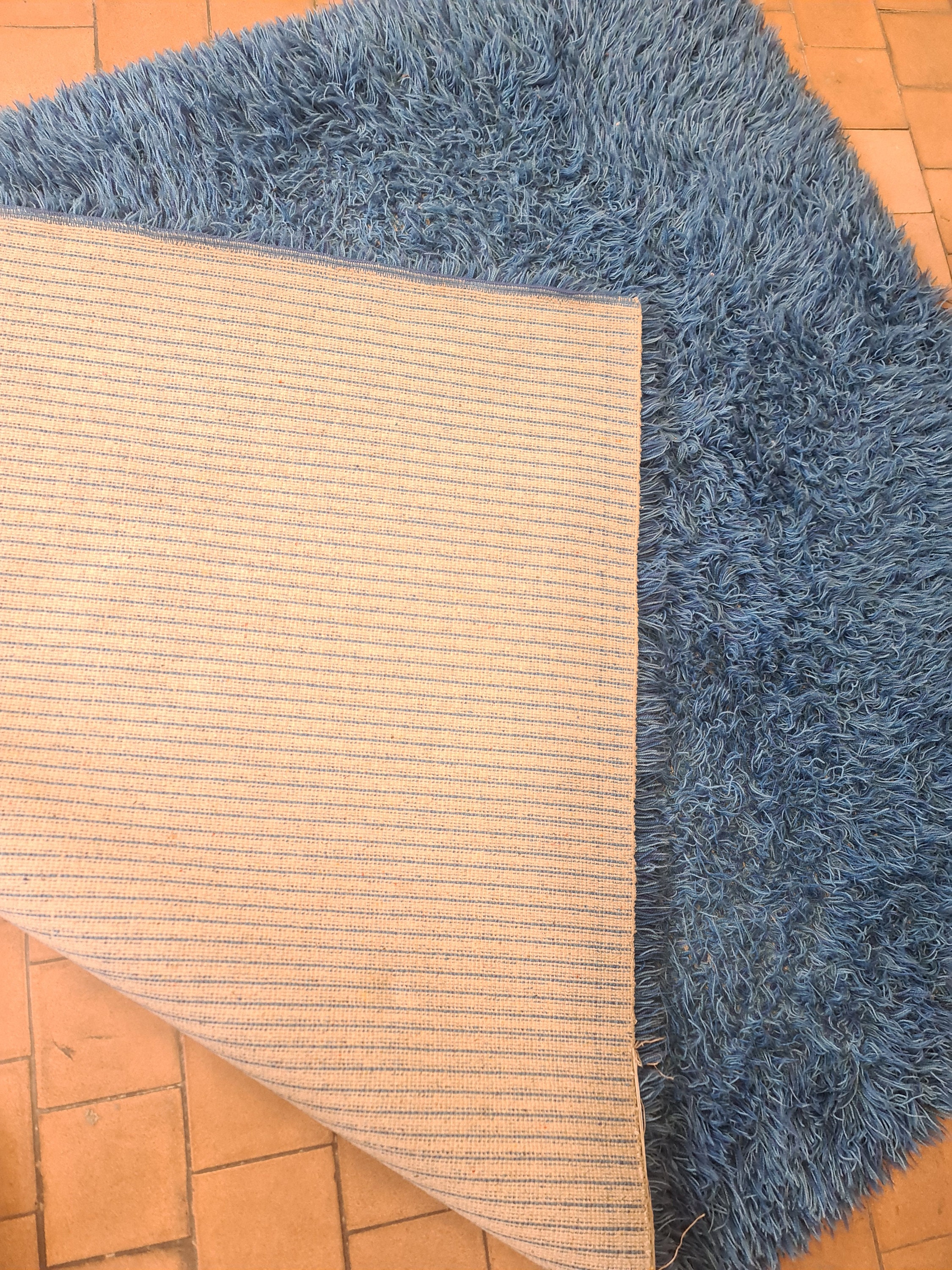 Blue Scandinavian Soft High Pile Rug, Minimalist Vintage Wool Rya Rug ...