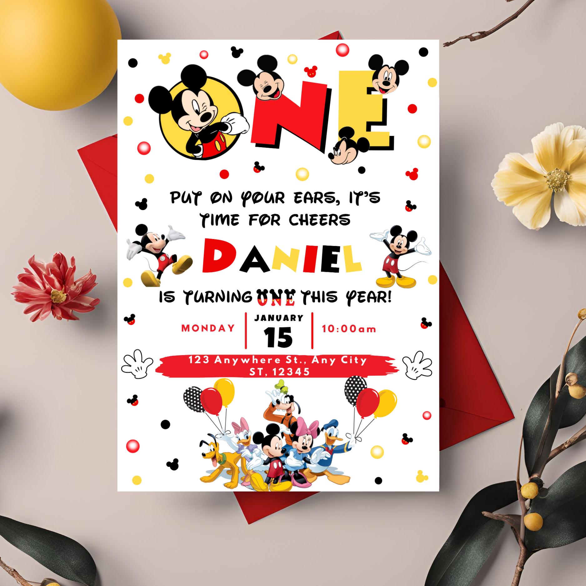 Mickey Mouse 1st Birthday Invitation Template | Printable Canva Design ...